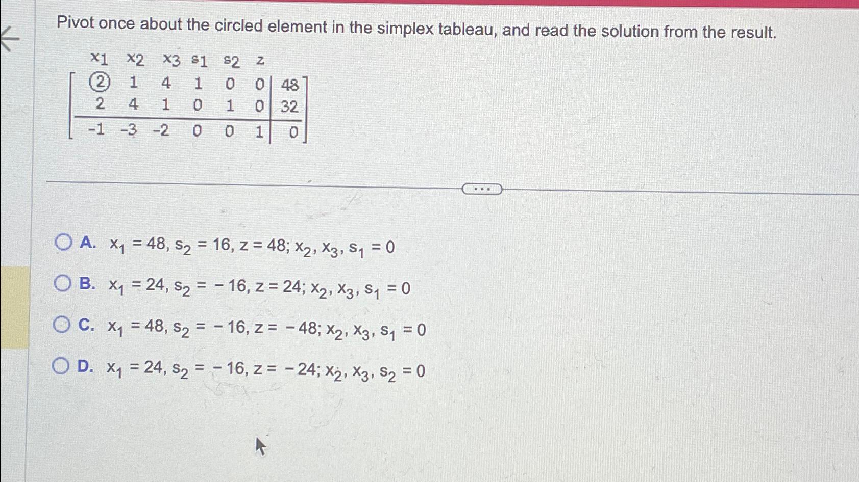Pivot once about the circled element in the simplex | Chegg.com