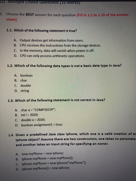 Solved Q1. Muntiple Choice questions to marks) 1. Choose the | Chegg.com