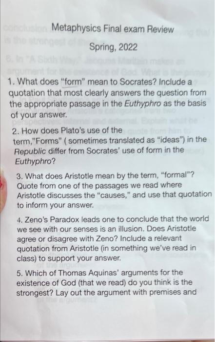 Metaphysics Final exam Review Spring, 2022 1. What | Chegg.com