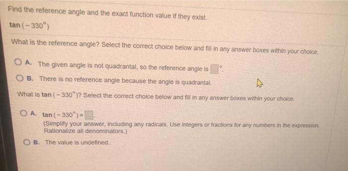 Solved Find the reference angle and the exact function value | Chegg.com