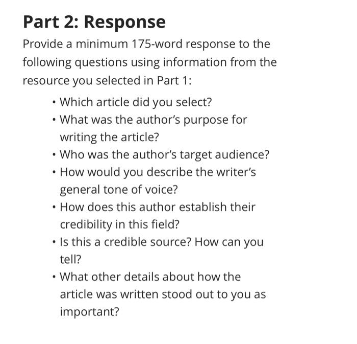 Part 1: Resource Search for an article related to | Chegg.com