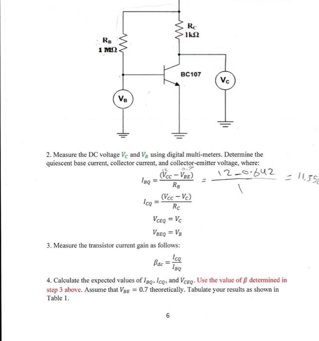 Solved M RC 1ΚΩ Rs 1 ΜΩ. BC107 VC Ve 11.35 2. Measure the DC | Chegg.com
