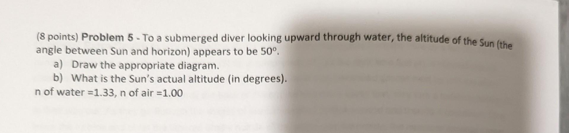 Solved (8 points) Problem 5 - To a submerged diver looking | Chegg.com