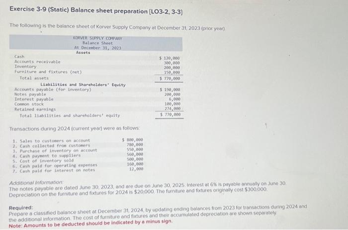 Solved Exercise 3-9 (Static) Balance sheet preparation | Chegg.com Solved Exercise 3-9 (Static) Balance sheet preparation | Chegg.com