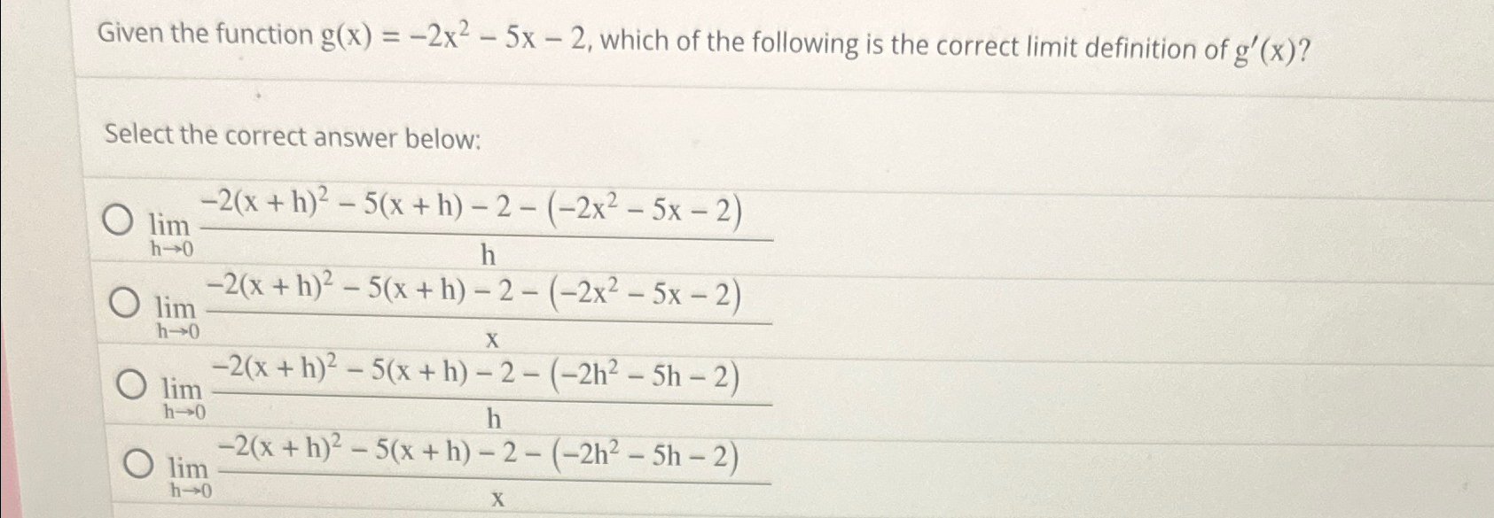 Solved Given the function g(x)=-2x2-5x-2, ﻿which of the | Chegg.com