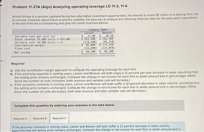Solved Problem 11-27A (Algo) Analyzing operating leverage LO | Chegg.com