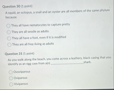 Solved Question 30 (1 ﻿point)A squid, an octopus, a snail | Chegg.com
