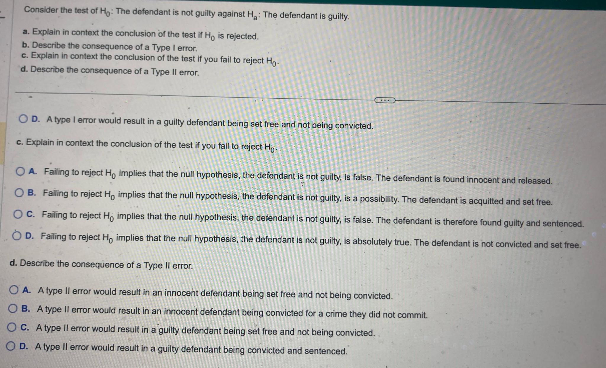 Solved Consider the test of H0 ﻿: The defendant is not | Chegg.com