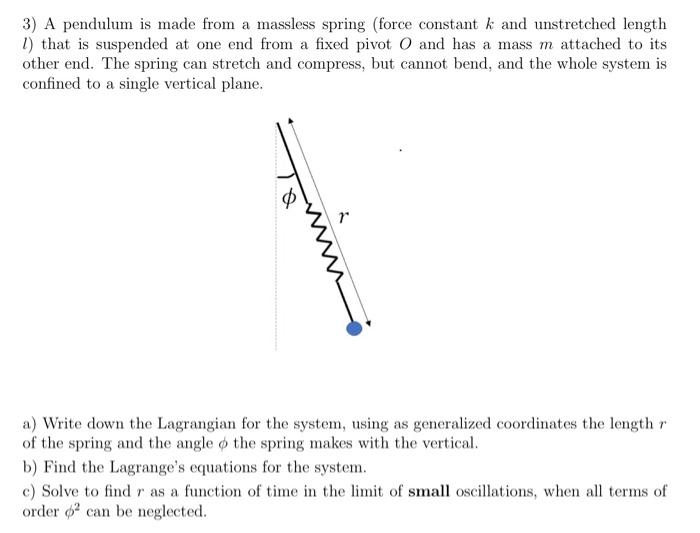 Solved 3) A pendulum is made from a massless spring (force | Chegg.com