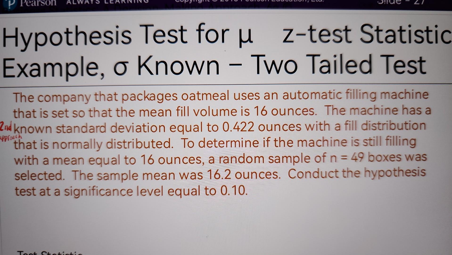 Solved Hypothesis Test for μz-test Statistio Example, o | Chegg.com