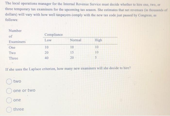 Solved The local operations manager for the Internal Revenue | Chegg.com