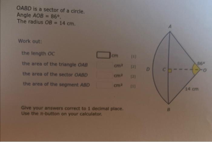 Solved OABD is a sector of a circle. Angle AOB=86∘ The | Chegg.com
