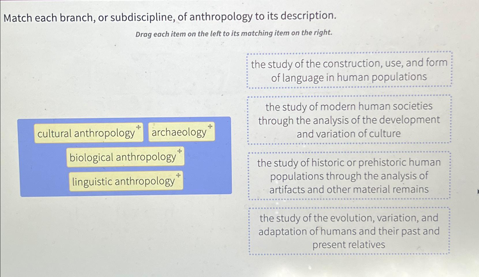 Solved Match each branch, or subdiscipline, of anthropology | Chegg.com