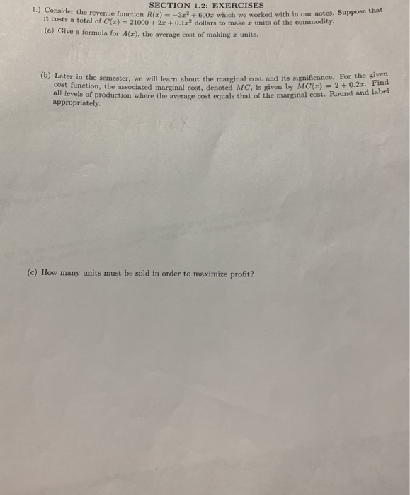 Solved SECTION 1.2: EXERCISES Consider the revenue function | Chegg.com