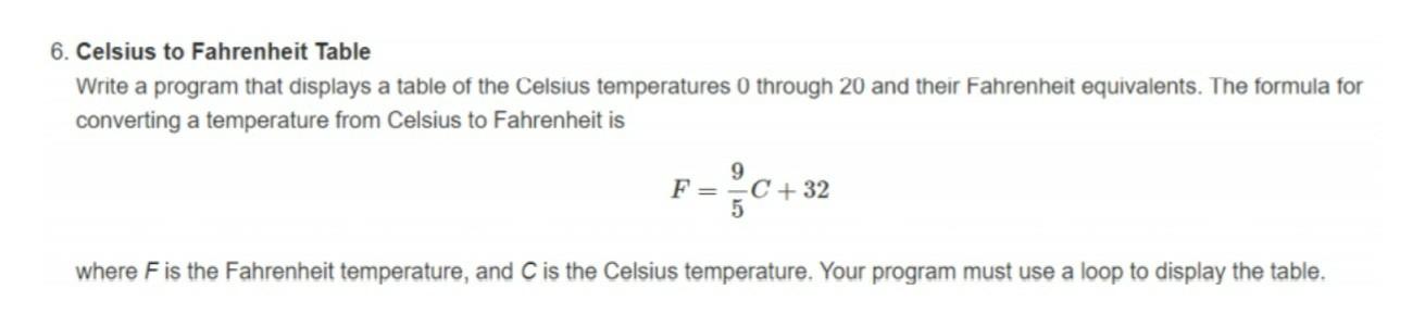Solved 6. Celsius to Fahrenheit Table Write a program that | Chegg.com