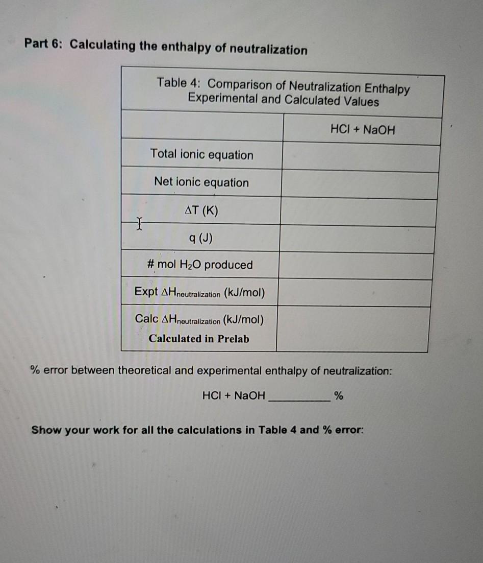 Part 6: Calculating the enthalpy of neutralization 1. | Chegg.com