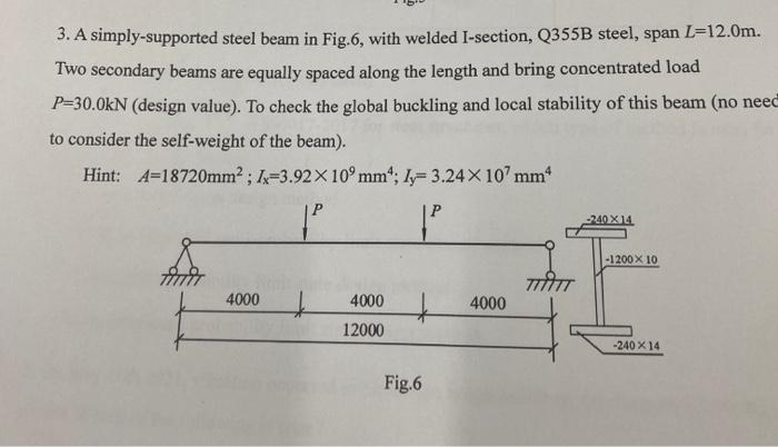 Solved 3. A simply-supported steel beam in Fig.6, with | Chegg.com