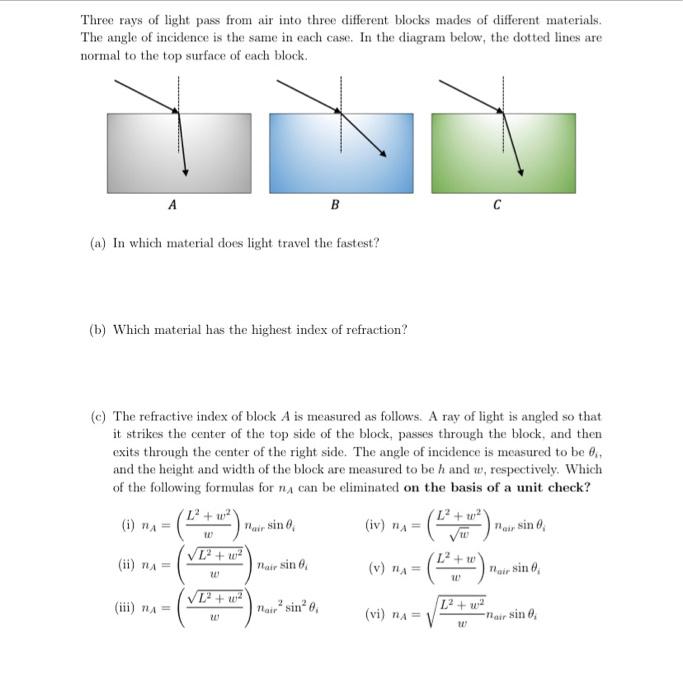 Solved Three rays of light pass from air into three | Chegg.com