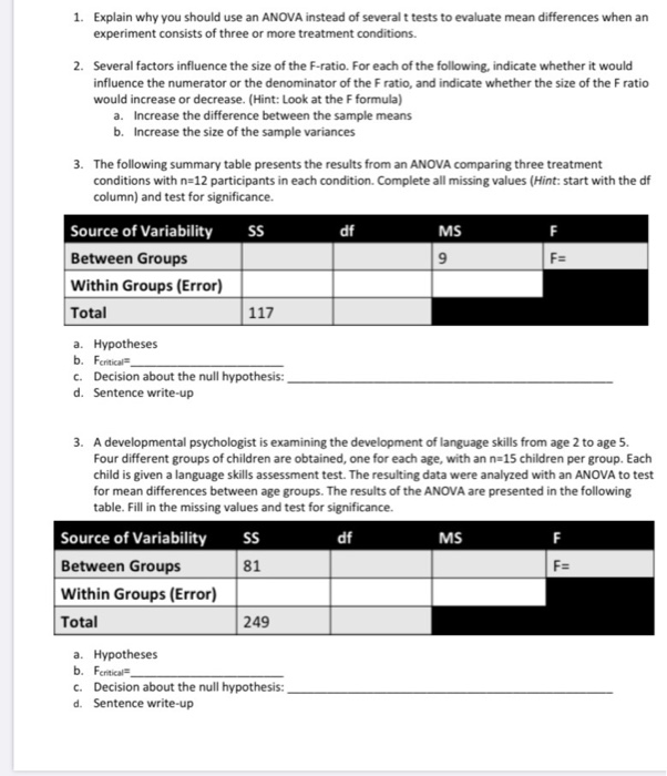Solved 1. Explain why you should use an ANOVA instead of | Chegg.com