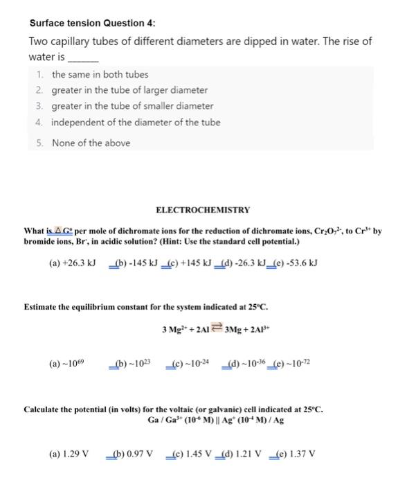 Solved Surface tension Question 4: Two capillary tubes of | Chegg.com