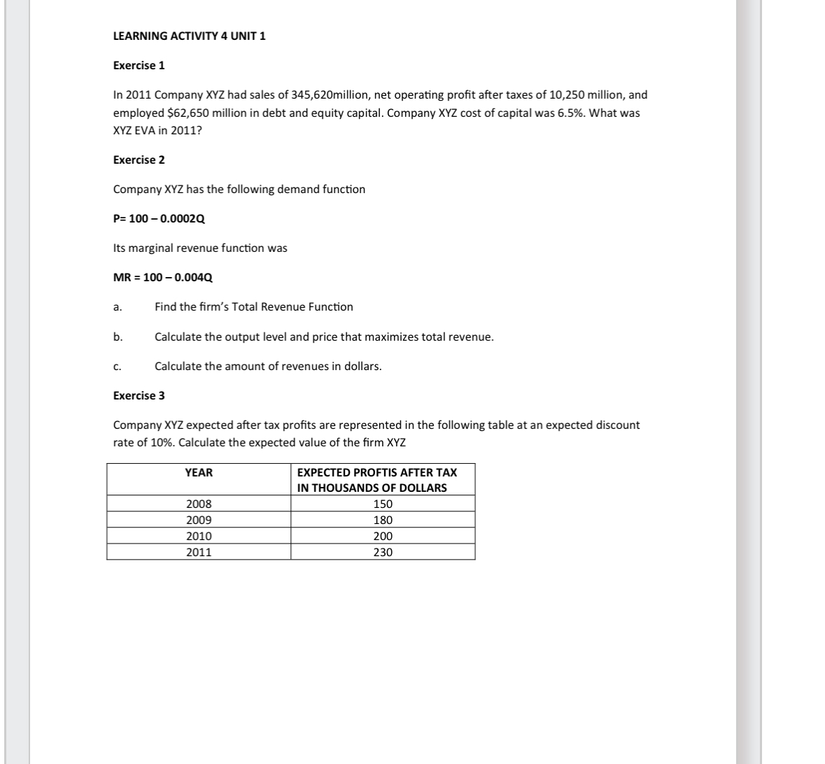Solved LEARNING ACTIVITY 4 ﻿UNIT 1Exercise 1In 2011 ﻿Company | Chegg.com