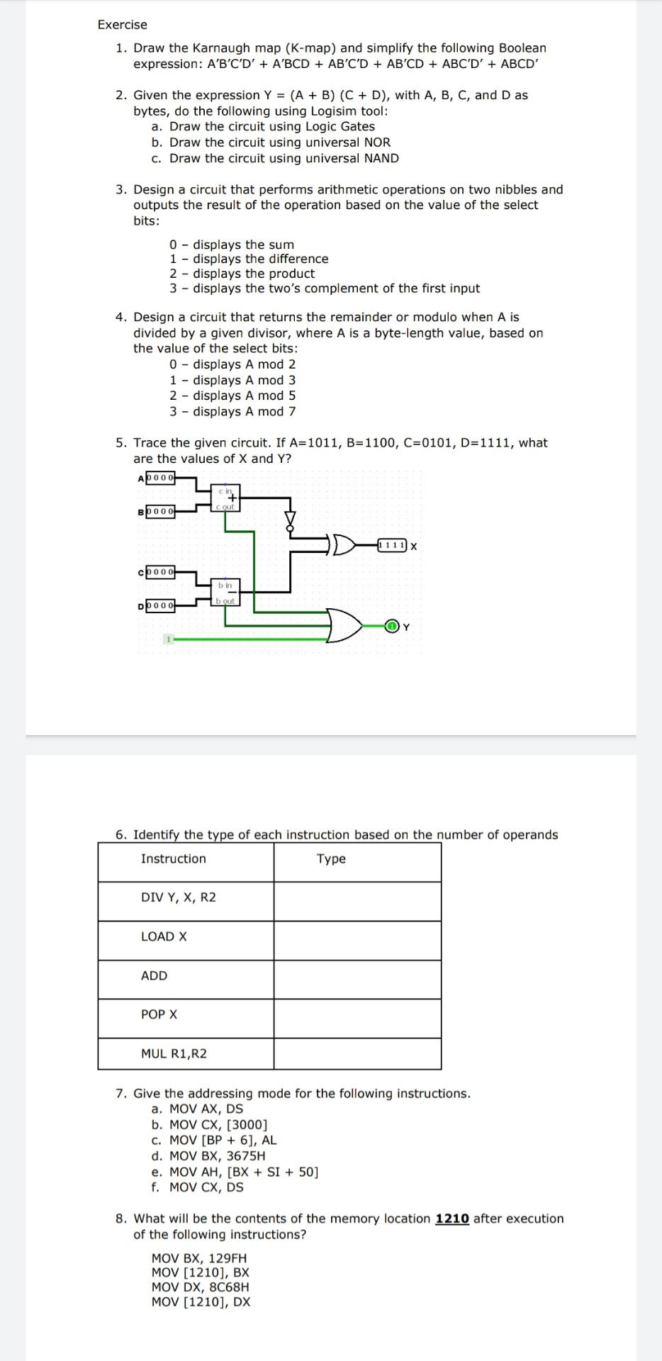 Solved Exercise 1. Draw the Karnaugh map (K-map) and | Chegg.com