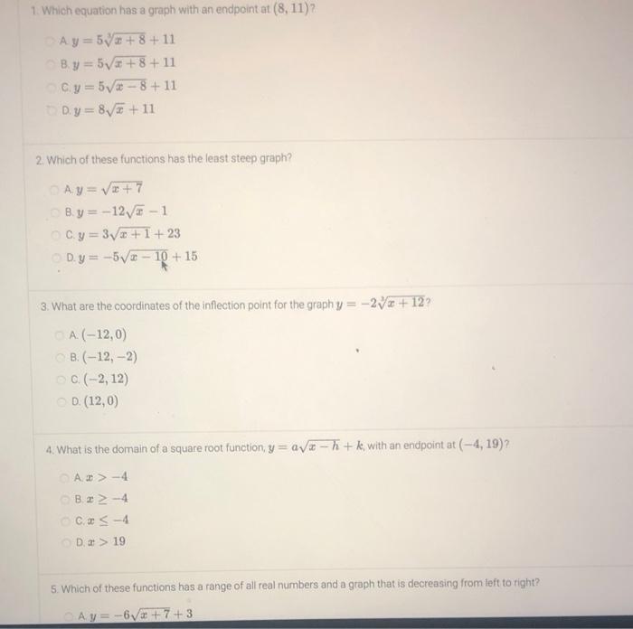 1. Which equation has a graph with an endpoint at | Chegg.com