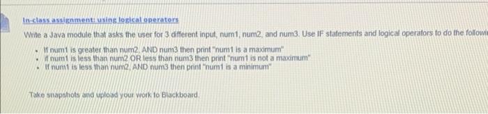 Solved In-class assignment using logical operators Write a | Chegg.com