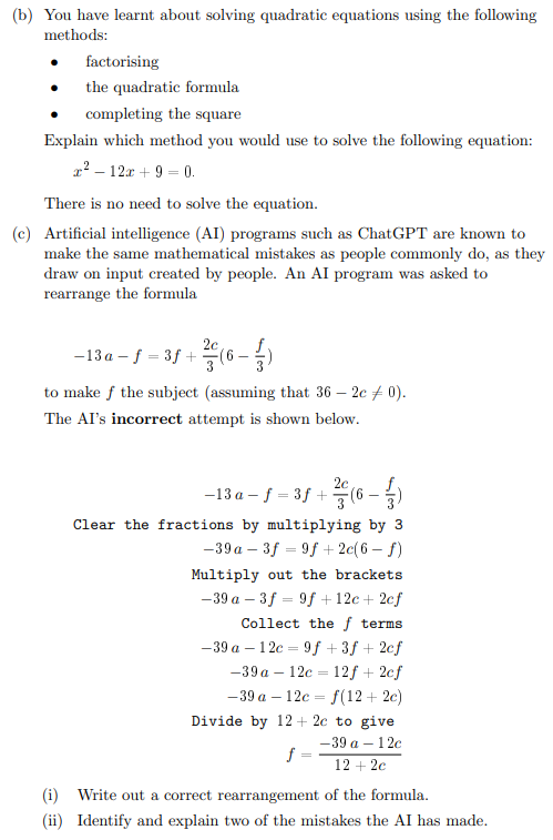 Solved (b) ﻿You have learnt about solving quadratic | Chegg.com