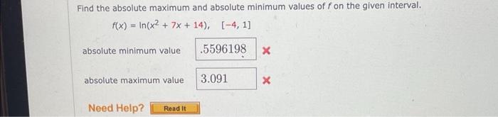 Solved Find the absolute maximum and absolute minimum values | Chegg.com