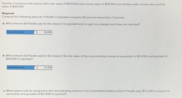 Solved Summer Company holds assets with a fair value of | Chegg.com