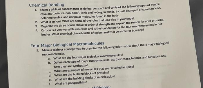 Solved Chemical Bonding 1. Make a table or concept map to | Chegg.com
