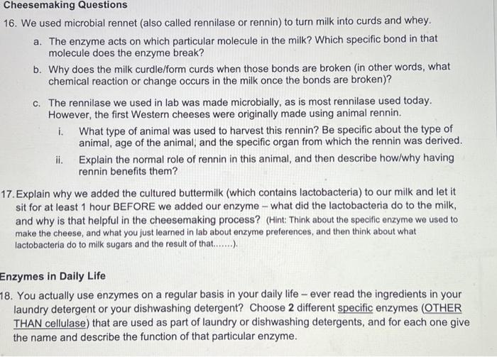 Solved 16. We used microbial rennet (also called rennilase | Chegg.com