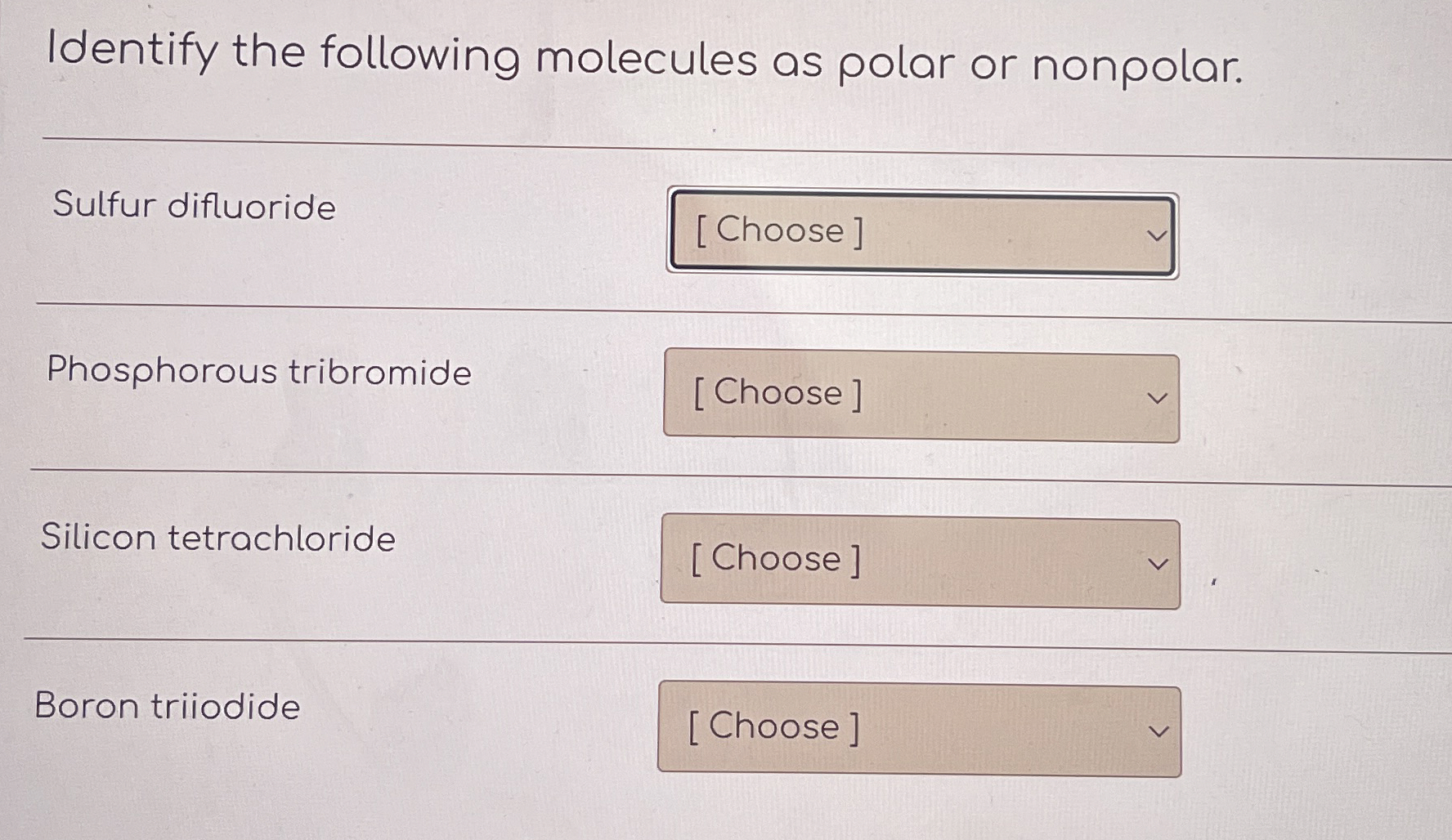 Solved Identify the following molecules as polar or | Chegg.com