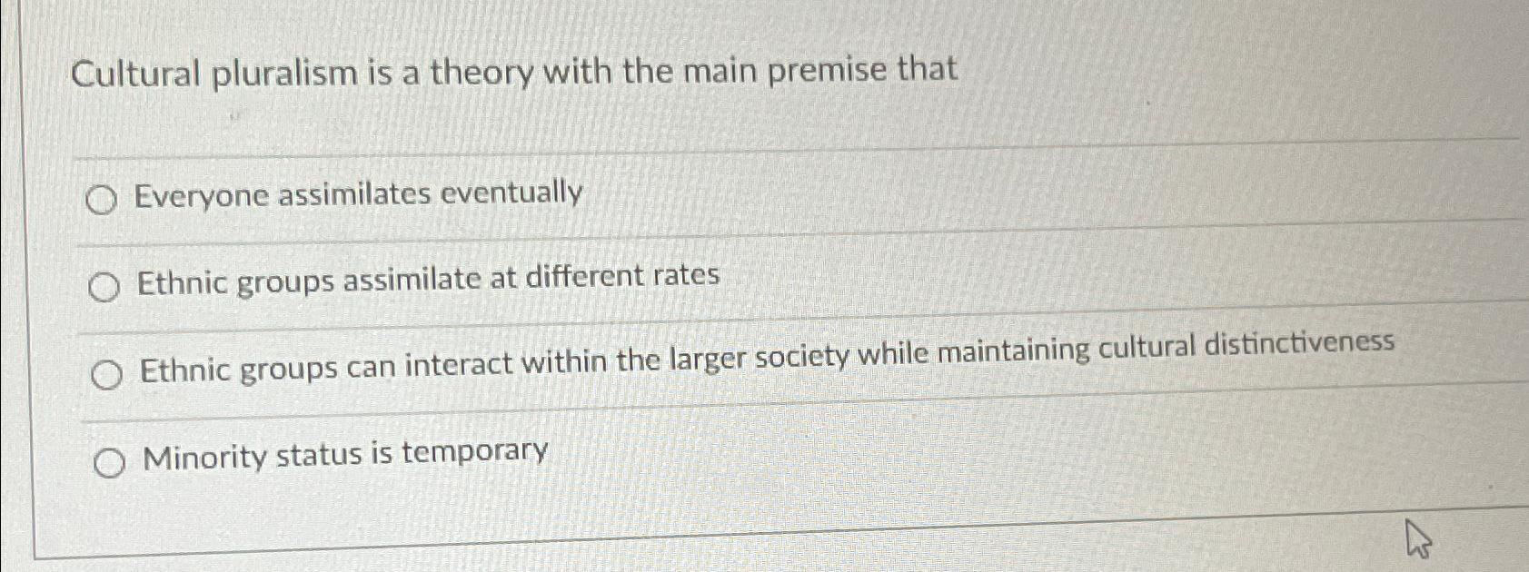 Solved Cultural pluralism is a theory with the main premise | Chegg.com