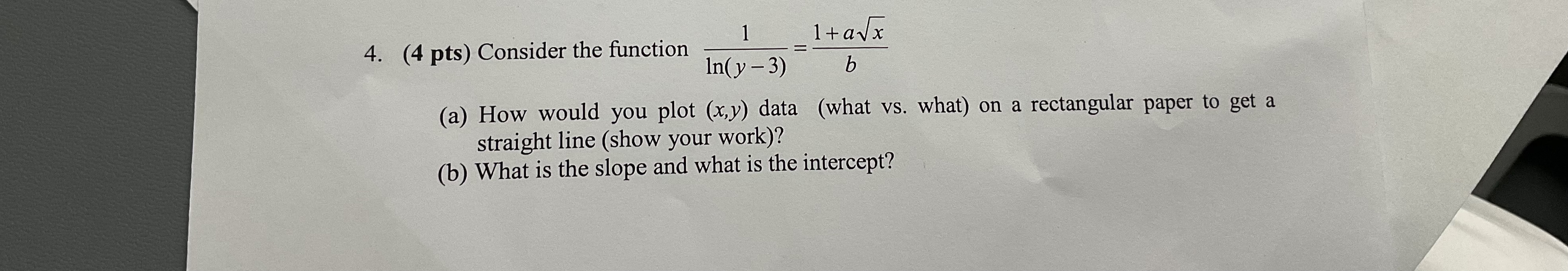 Solved (4 ﻿pts) ﻿Consider the function 1ln(y-3)=1+ax2b(a) | Chegg.com