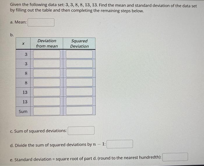Solved Given the following data set: 3,3,8,8,13,13. Find the | Chegg.com