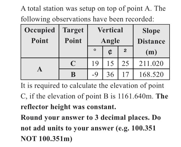 Solved A total station was setup on top of point A. The | Chegg.com