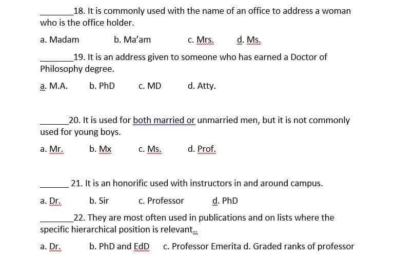 Choose the most appropriate courtesy titles that can | Chegg.com