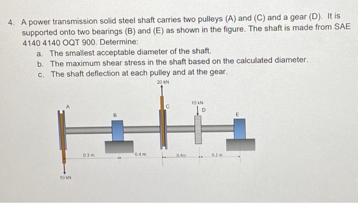 Solved 4. A power transmission solid steel shaft carries two | Chegg.com