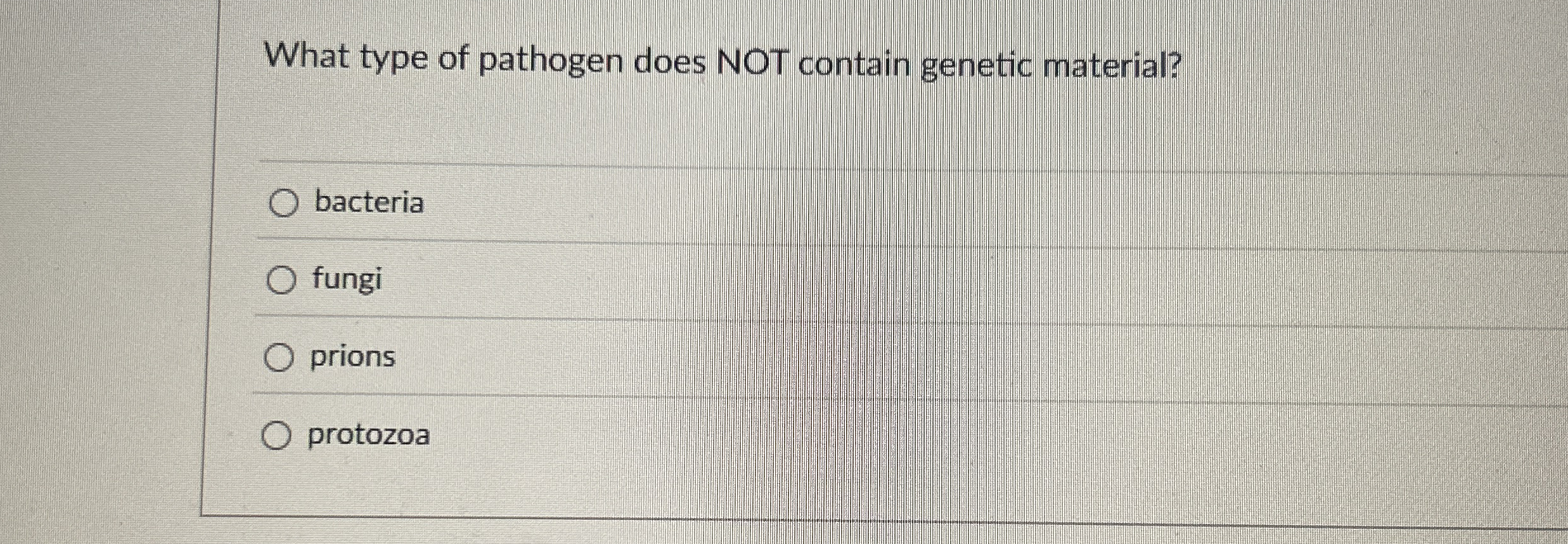 Solved What type of pathogen does NOT contain genetic | Chegg.com
