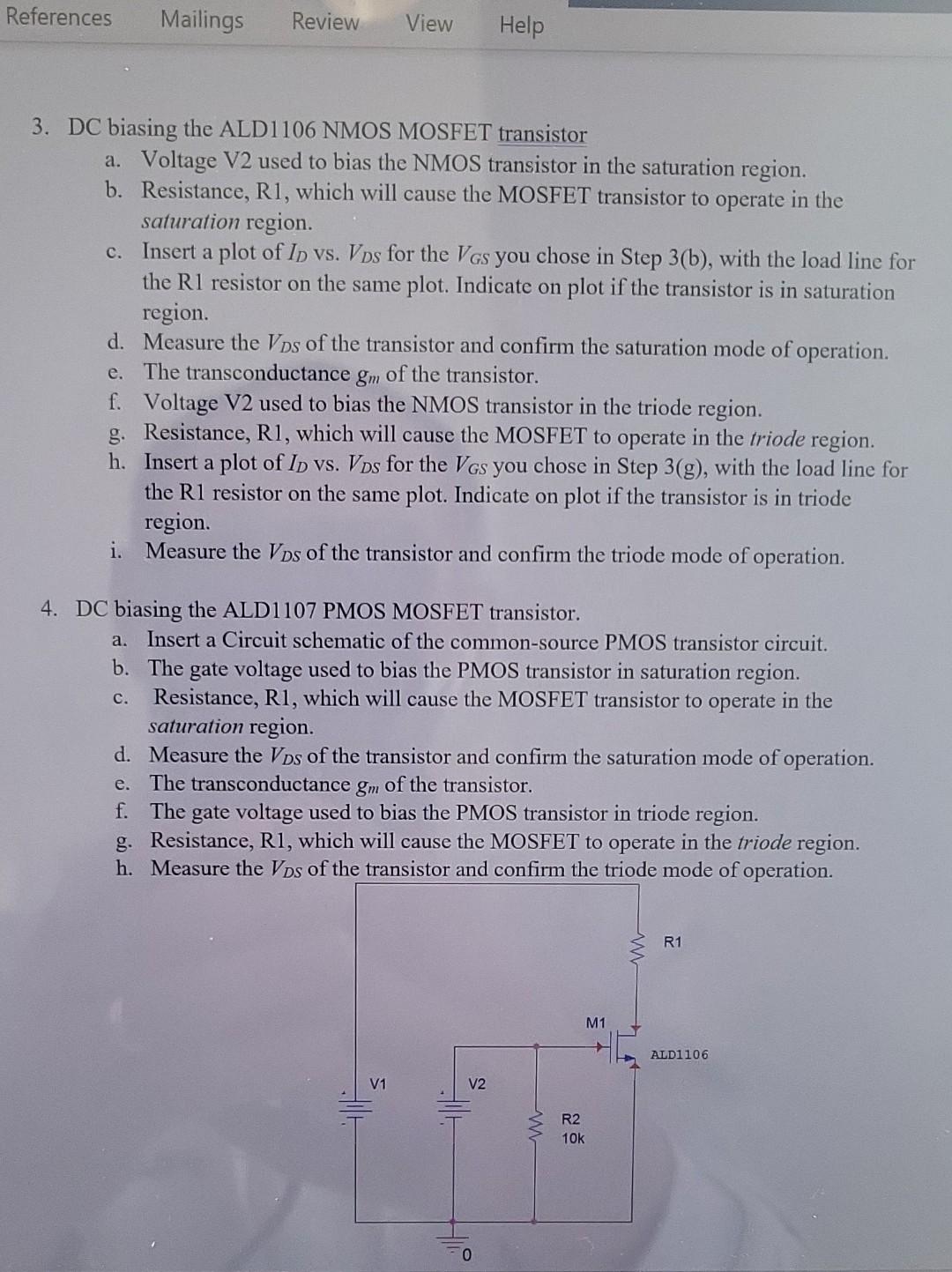 Solved 3. DC biasing the ALD1106 NMOS MOSFET transistor a. | Chegg.com