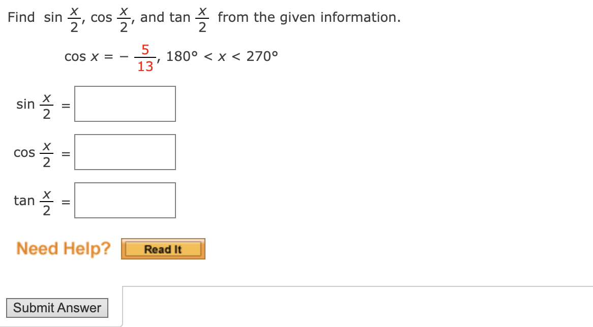 Solved Find sin(x2),cos(x2), ﻿and tan(x2) ﻿from the given | Chegg.com