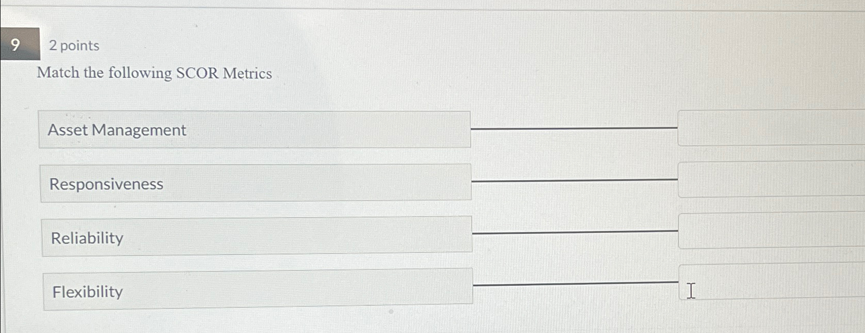 Solved 92 ﻿pointsMatch the following SCOR MetricsFlexibility | Chegg.com