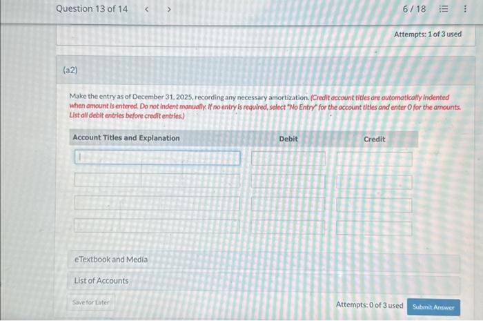Make the entry as of December 31, 2025, recording any | Chegg.com