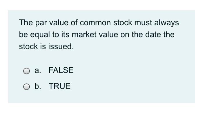 Solved The par value of common stock must always be equal to | Chegg.com