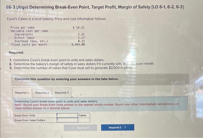 Solved E6-3 (Algo) Determining Break-Even Point, Target | Chegg.com