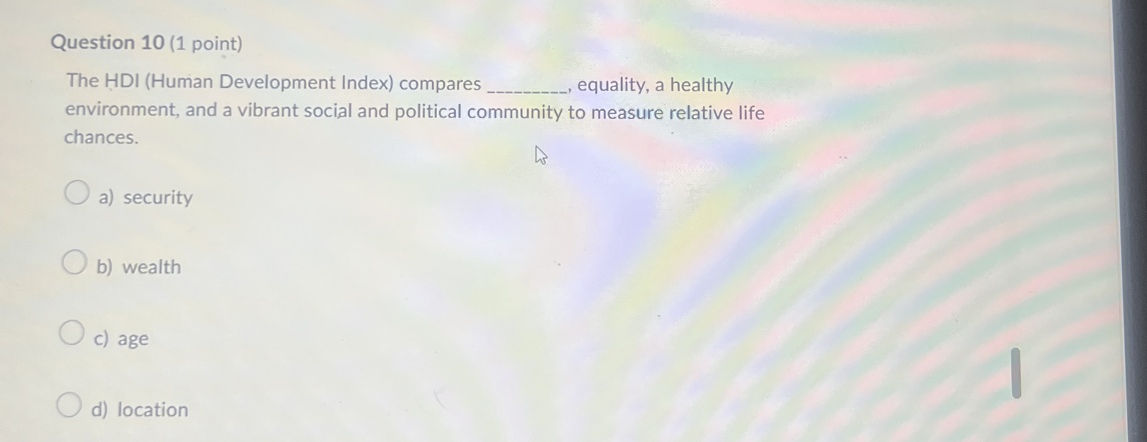 Solved Question 10 (1 ﻿point)The HDI (Human Development | Chegg.com