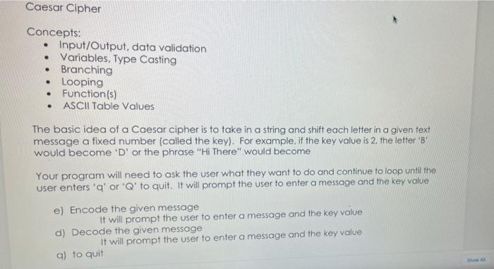 Solved Caesar Cipher . Concepts: • Input/Output, data | Chegg.com
