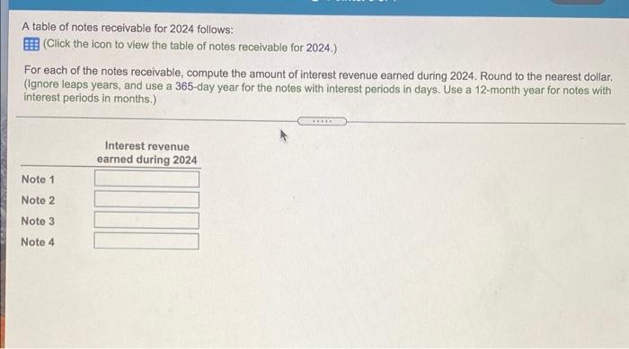 Solved A table of notes receivable for 2024 follows: (Click | Chegg.com